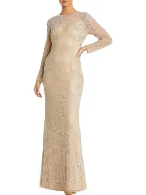 Mac Duggal Embellished Long Sleeve Evening Gown - Nude Silver