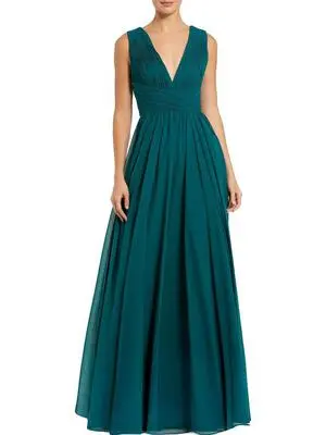 Mac Duggal Sleeveless Ruched V-neck Chiffon Gown - Teal