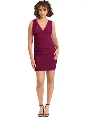 S3 APPAREL Sculpting Shapewear Shirred Waist V-neck Mini Dress - Cherry Mocha