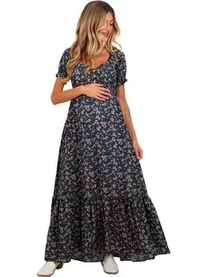 PINKBLUSH Floral Button Accent Maternity Maxi Dress - Navy Blue