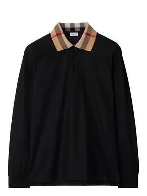 Burberry Check Collar Cotton Polo Shirt - Black