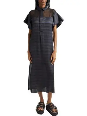 Sacai Horizontal Stripe Satin And Mesh Dress - Black/navy