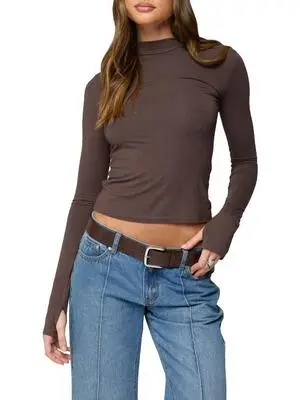 EDIKTED Crop Long Sleeve Mock Neck Top - Brown