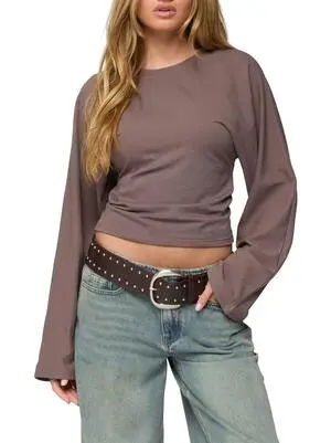 EDIKTED Ruched Long-sleeve Crop Top - Taupe