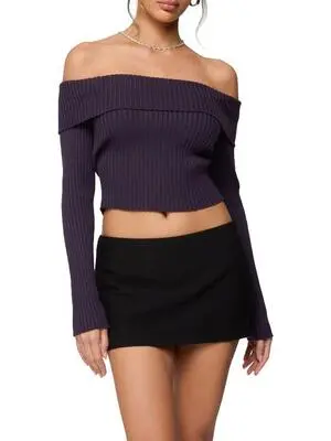 EDIKTED Fold-over Off-the-shoulder Ribbed Sweater - Purple