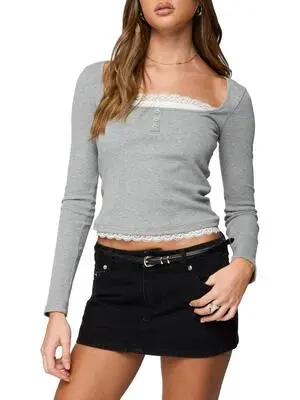 EDIKTED Lace Trimmed Henley Top - Gray-melange