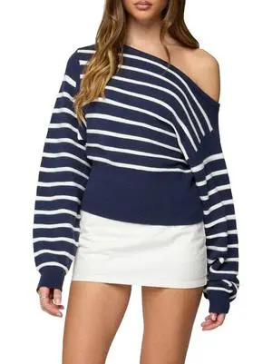 EDIKTED Striped Oversized Off-the-shoulder Sweater - Navy