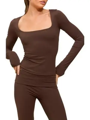 EDIKTED Square Neck Long Sleeve Crop Top - Brown