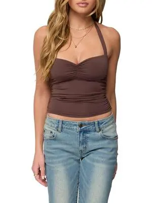 EDIKTED Ruched Halter Crop Top - Brown