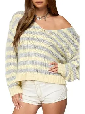 EDIKTED Striped Oversized Off-the-shoulder Sweater - Yellow