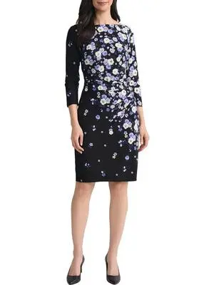 KASPER Floral Print Pleated Sheath Dress - Black Multi
