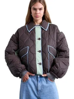 Topshop Patchwork Quilted Jacket - Brown/light Blue