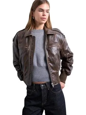 Topshop Faux Leather Ovoid Sleeve Bomber Jacket - Brown