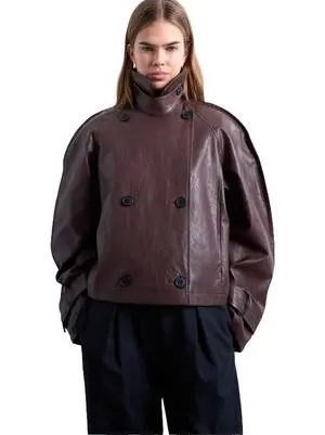 Topshop Ovoid Sleeve Short Faux Leather Trench Coat - Brown