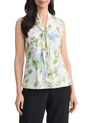 KASPER Sleeveless Satin Top - Lily White Multi