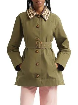 Veronica Beard Langham Waxed Belted Dickey Coat With Removable Collar - Army