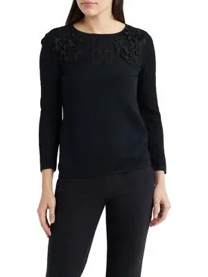 Anne Klein Floral Appliqué Yoke Sweater - Anne Black