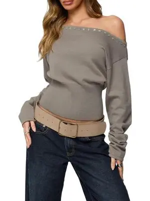 EDIKTED Off-the-shoulder Sweater With Iridescent Buttons - Olive