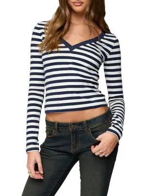 EDIKTED Striped Long Sleeve Shirt - Navy-and-white