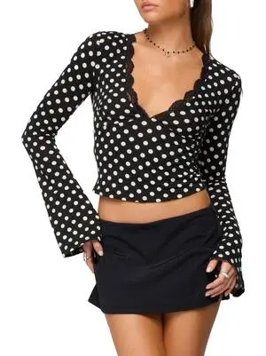 EDIKTED Lacey Polka Dot Crop Top - Black-and-white