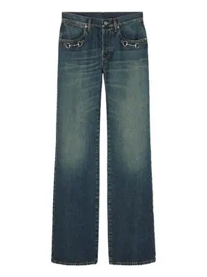 Gucci Cotton Denim Pants With Horsebit Detail - Blue