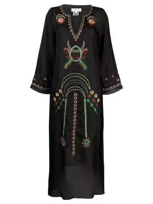 Muzungu Sisters Embroidered Split-neck Silk Dress - Black
