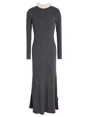 Sandro Ribbed-knit Midi Dress With Ruffled Trims - Dark Gray