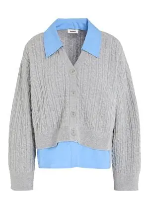 Sandro Layered Poplin And Cable-knit Wool-blend Cardigan - Gray
