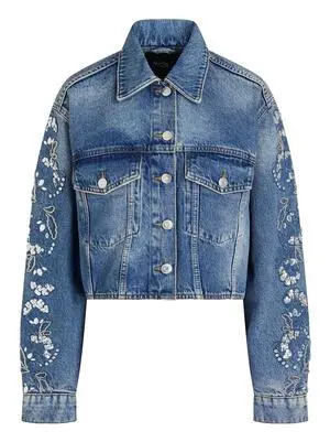 Maje Cropped Embellished Denim Jacket - Mid Denim