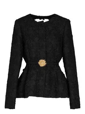 Oscar De La Renta Embroidered Belted Tweed Jacket - Black