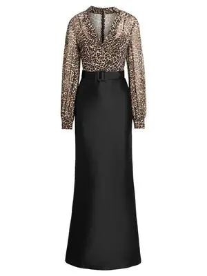Badgley Mischka Leopard-print Chiffon And Satin-twill Gown - Black