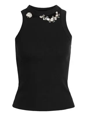 AREA Crystal-embellished Distressed Ribbed Tank - Black