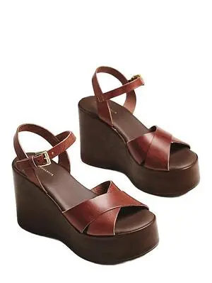 Anthropologie Wood-bottom Platform Wedge Heels - Dark Brown Leather