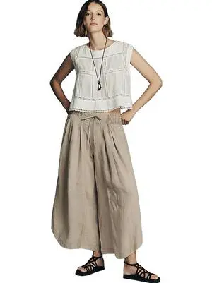 Anthropologie Ruched Linen Parachute Pants - Grey Putty
