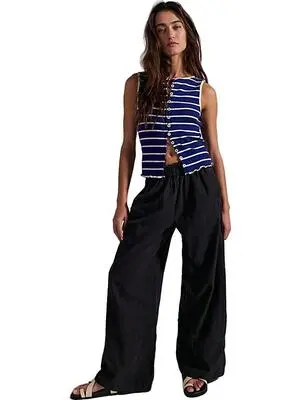 Free People Cotton-linen Pull-on Pants - Black