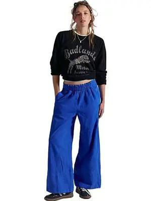 Free People Cotton-linen Pull-on Pants - Hawaiian Ocean