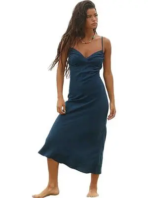 Free People Omnia Linen Midi Slip Dress Poseidon