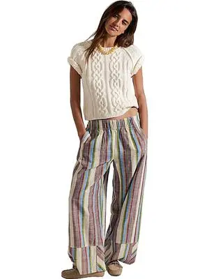 Free People Day's End Cotton-linen Striped Pants - Ivory Combo