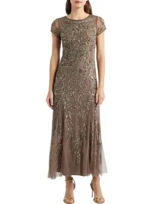 Pisarro Nights Beaded Mesh Midi Cocktail Dress - Mocha