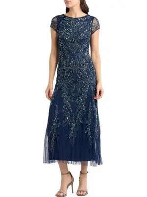 Pisarro Nights Beaded Mesh Midi Cocktail Dress - Navy