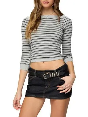 EDIKTED Striped Boat Neck Crop Top - Gray-melange