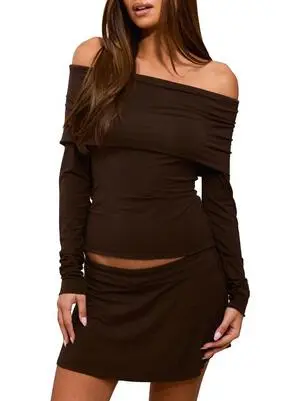 EDIKTED Habiba Foldover Off-the-shoulder Top - Brown