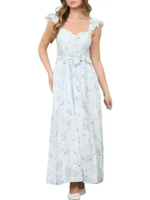 BLU PEPPER Floral Print Ruffle Maxi Dress - Light Blue Multi