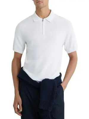 REISS Estate Textured Stitch Zip Polo - White