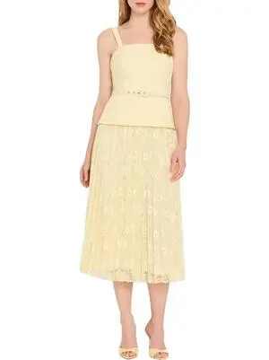 TAHARI ASL Mixed Media Belted Bouclé & Lace Midi Dress - Buttercup