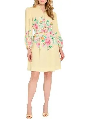 TAHARI ASL Floral Print Belted Long Sleeve Dress - Buttercup Multi