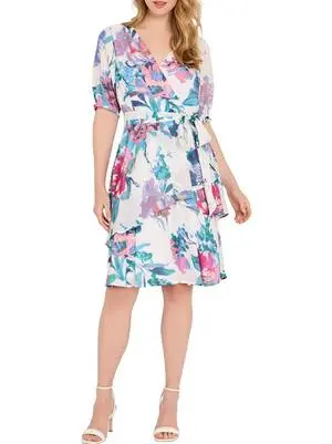 TAHARI ASL Floral Ruffle Hem Faux Wrap Dress - Ivory Floral