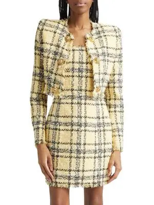 Balmain Glitter Plaid Tweed Crop Jacket - Multi Yellow