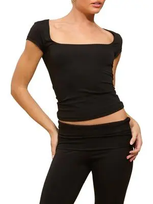EDIKTED Square Neck Cap Sleeve Crop Top - Black