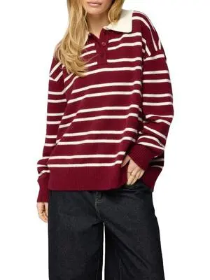 EDIKTED Striped Sweater Polo - Burgundy-and-white